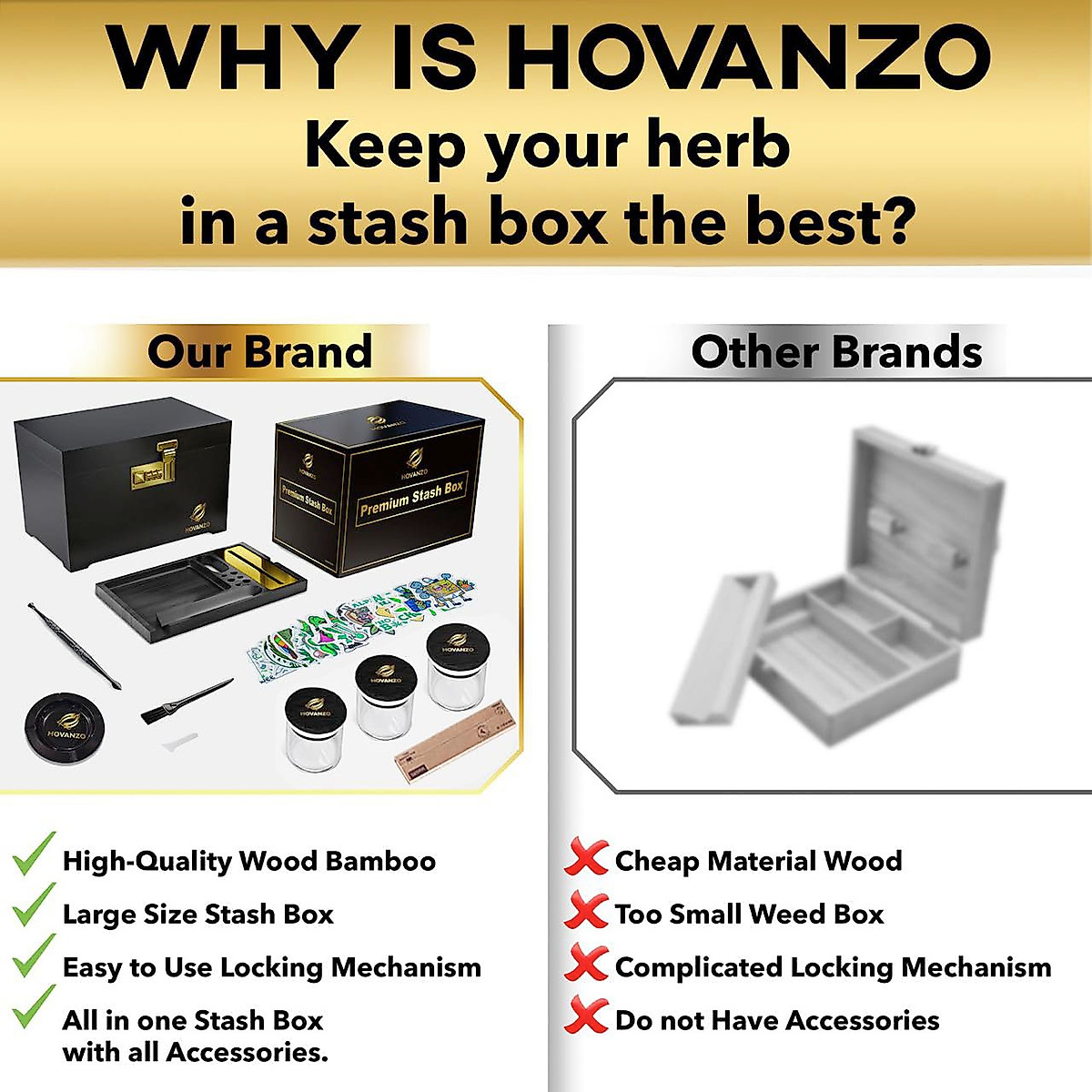 HOVANZO Premium Large Bamboo Box - Decorative Box Wooden Locking Storage Box with Rolling Tray - Decorative Wood Box for Herbs and Accessories - Decorative Box Set with Combination Lock