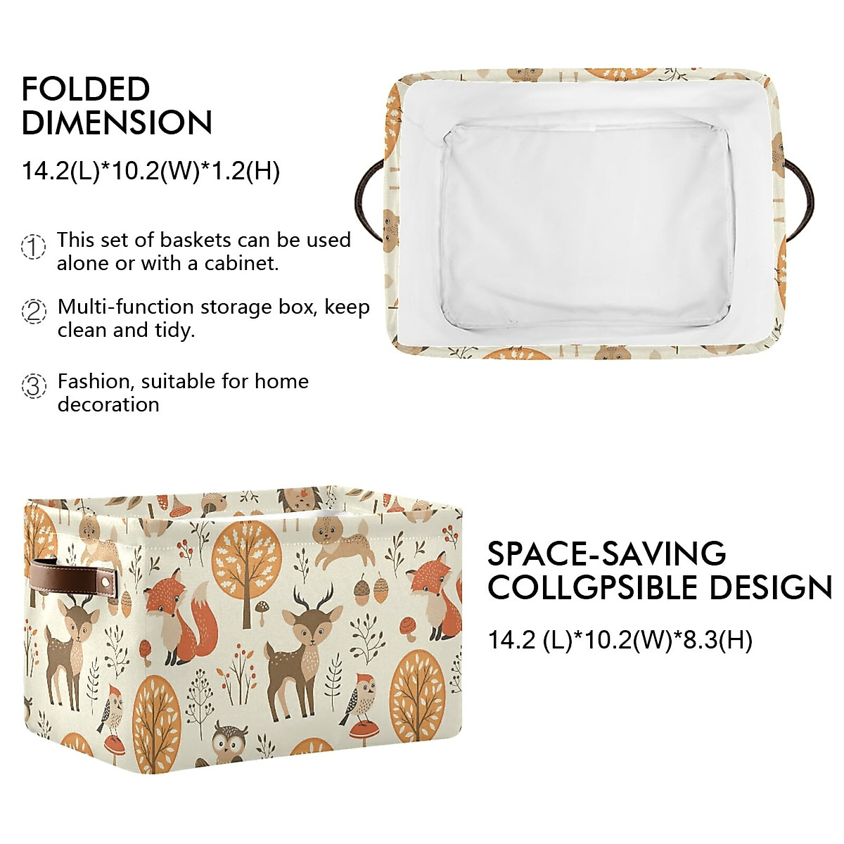 ALAZA Rectangular Storage Bins with Handles,Collapsible Autumn Forest Jungle Animal Fox Deer Rabbit Laundry Hamper Storage Box for Toy Bins,Gift Baskets Bedroom,Clothes,Pack 1