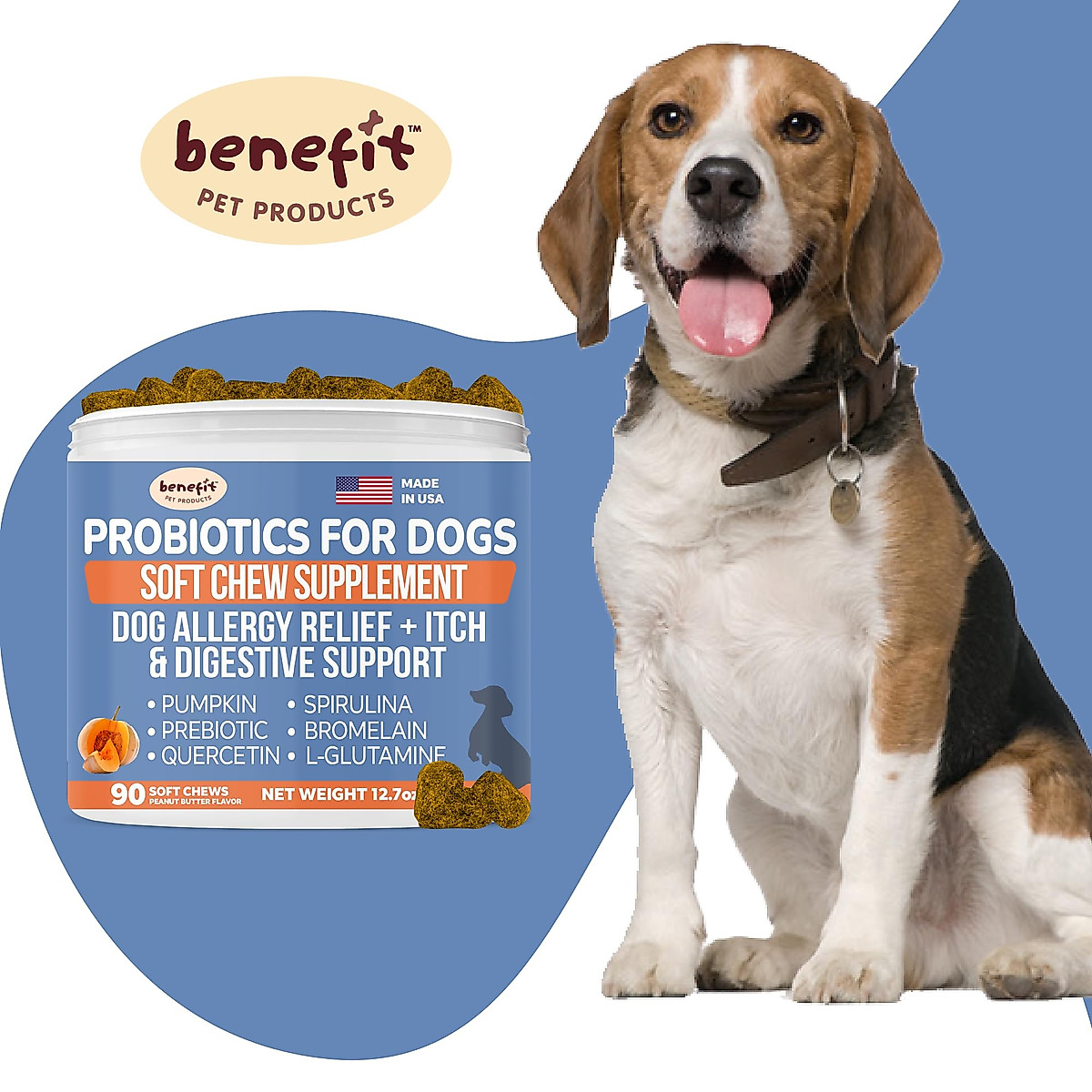 Probiotics for Dogs, Allergy Relief Soft Chew Treats, Fiber Supplement & Enzyme Prebiotic for Digestion Support, Itchy Skin, Reduce Diarrhea - Pumpkin for Dogs, Made in USA (90 ct)