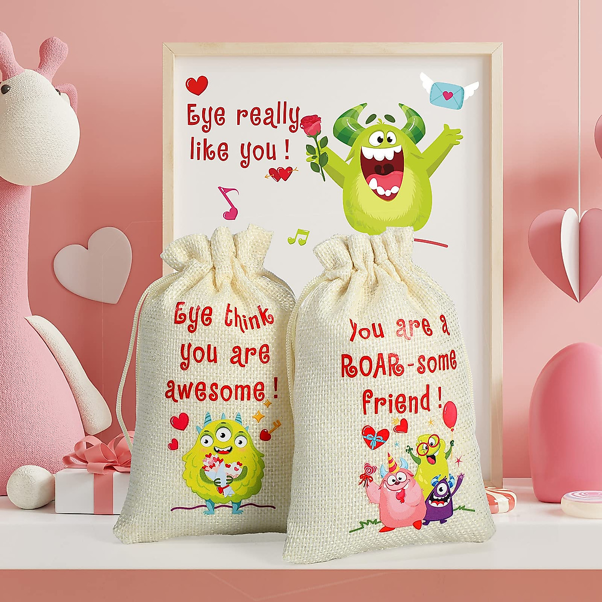 45 Pcs Valentine's Day Burlap Bags Burlap Canvas Gift Bags with Monster Pattern Valentine Linen Reusable Drawstring Bags Candy Treat for Boys Girls Valentine's Day Favors Party Gifts Supply 6 x 4 Inch