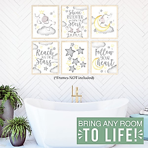 Hadley Designs 6 Reversible 8x10 Elephant Nursery Decor Wall Art Prints For Bedroom Posters, Baby Elephant Baby Shower Decorations For Wall Art Prints, Stars and Moon Nursery Decor