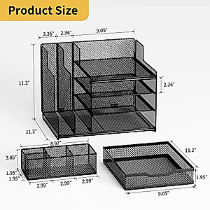 Egepon Office Desk Organizer with Upright File Holder, 4-Tier Mesh Letter Paper Tray Organizer with Multi-Functional Pen Holder and Sliding Drawer Office Supplies for Home Office School
