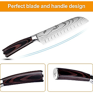 Bekhic Santoku Knife- SKnife Pro Kitchen Knife 7 Inch Kitchen Knife Asian Knife Japanese Chef Knife made of German High Carbon Stainless Steel ，Ergonomic Handle, Ultra Sharp (Silver&Maroon)