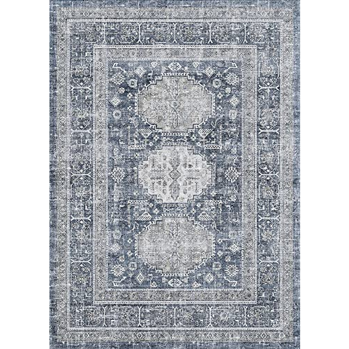 ComiComi Washable Rug 5x7 - Antique Distressed 5x7 Area Rugs, Ultra Thin Rugs for Living Room, Vintage Tribal Bedroom Rugs(Blue/Grey, 5'x7')