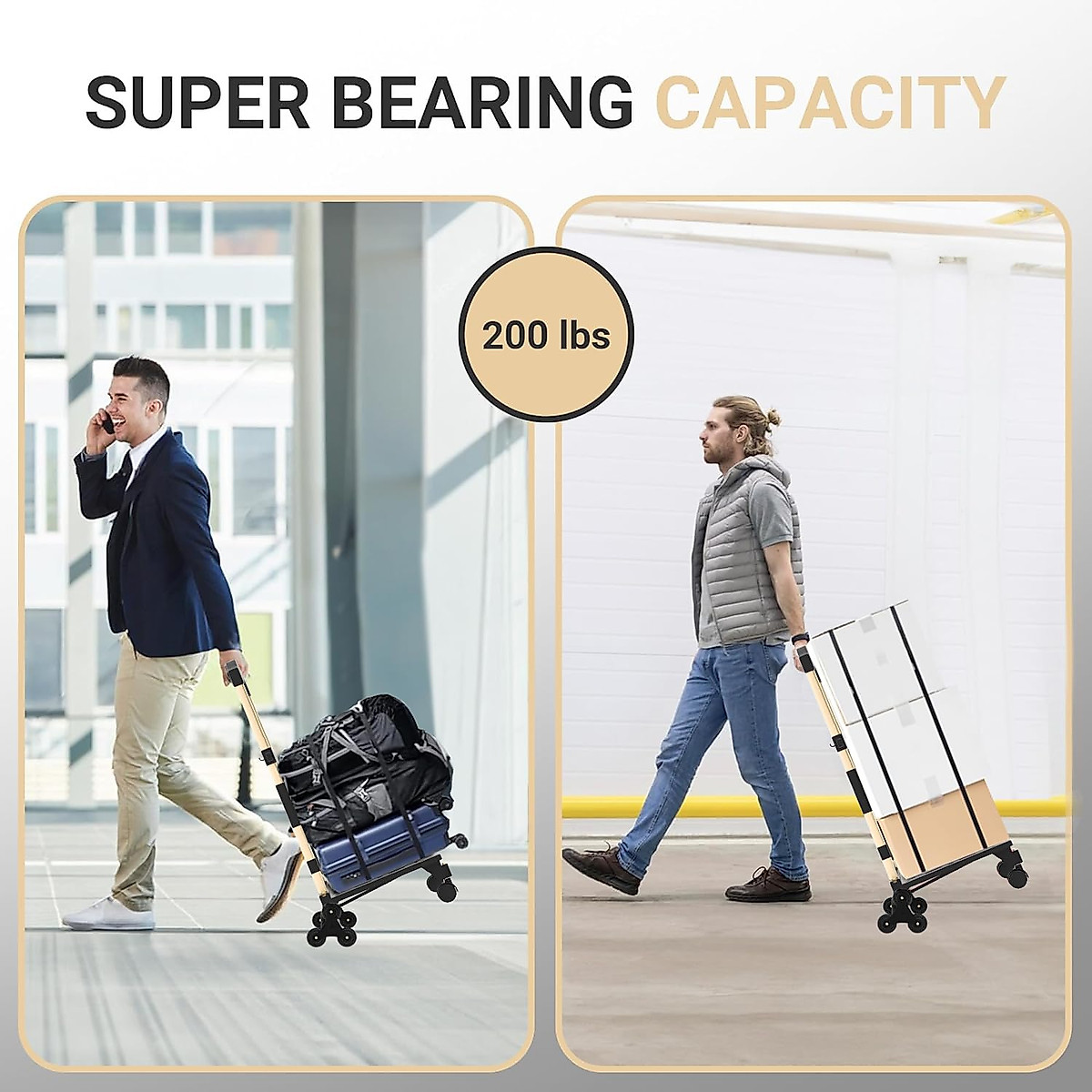 Folding Hand Truck, 200 lbs Durable Luggage cart with All-Terrain Triple Wheels, Multifunctional and Compact Dolly cart with Wheels for Shopping, Moving and Traveling, Gold