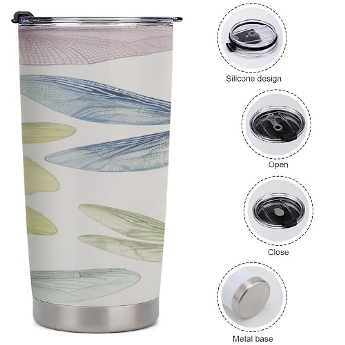 FHENMSA Reusable Plastic Water Cups with Lids,Dragonfly Drawing Print Anti-overflow Cup,sports Travel Coffee Cup