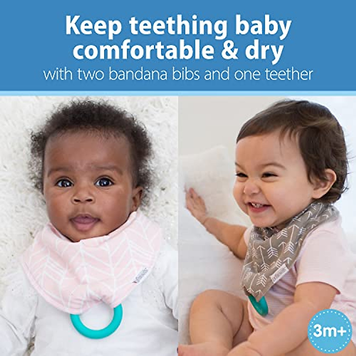 Dr. Brown's Super Soft & Absorbent Baby Bandana Bib with Snap-On Teether, 3m+, 2-Pack, Arrows & Herringbone