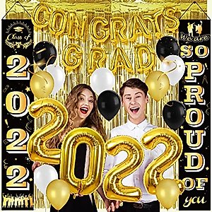 Graduation Decorations 2022, Class of 2022 Graduation Porch Sign, 2022 Balloons + Congrats Grad Foil Balloons + 2PCS Foil Curtains Photo Backdrop for Graduation Party Decorations Indoor Outdoor