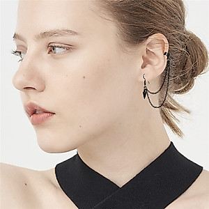 ANDPAI Unique Lightweight Black Silver Punk Long Tassel Chain Ear Cuff Earrings 316L Stainless Steel Vintage Barrel Nails Crawler Climer Dangle Drop Stud Earrings for Men Women Unisex (Black)