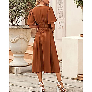 BTFBM Women Casual Dresses 2023 Summer Boho Wrap V Neck Puff Short Sleeve Beach Party Flowy Pleated A-Line Maxi Dress(Solid Brick Red, Large)
