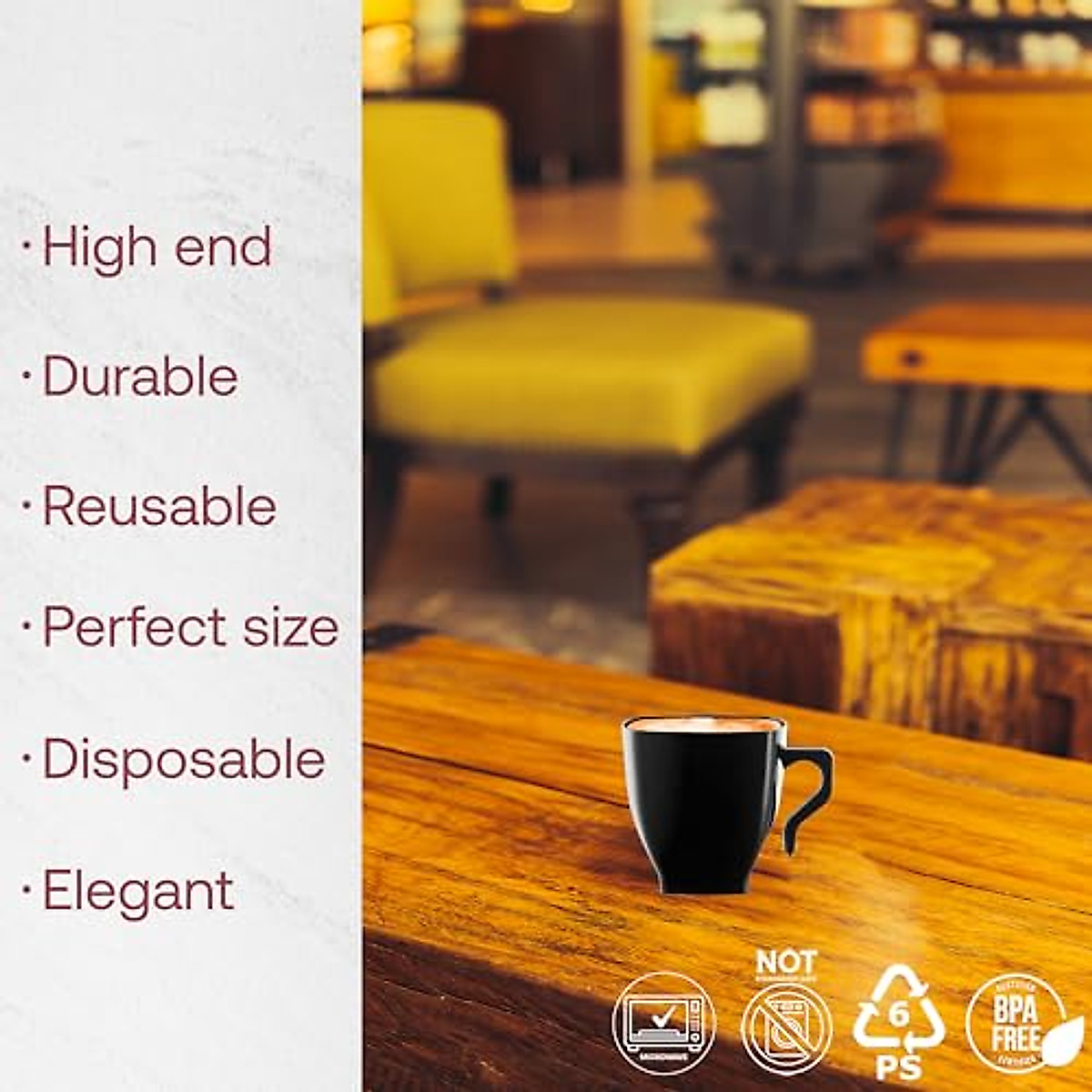 Smarty Had A Party 2 oz Black Plastic Tea Cups with Handles Set of 240 Disposable Mugs for Tea Parties, Espresso, and Coffee, Elegant Small Drinkware for Events