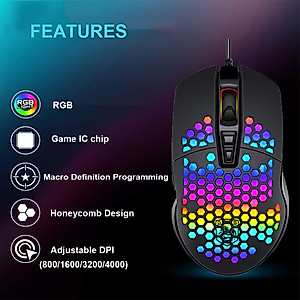 Lightweight Gaming Mouse, Honeycomb USB Wired Mouse with Backlight, 4000 DPI, RGB Computer Gaming Mouse for Mac, Laptop, PC (Black)