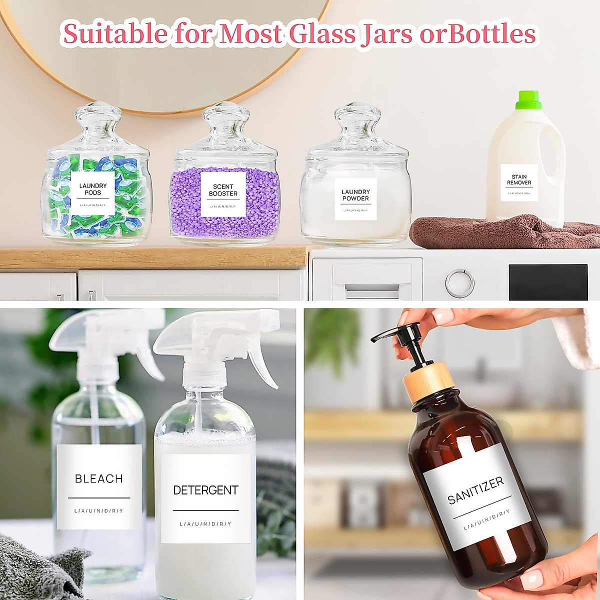 HVSWLY Laundry Labels for Jars,16 PCS Minimalist Laundry Room Labels,Removable Waterproof Cleaning Labels for Containers,Laundry Room Storage Organization,with 2 Blank Labels (White)