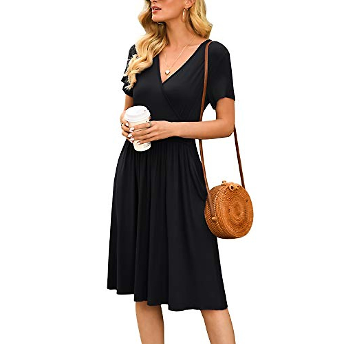 LILBETTER Women's Summer Casual Short Sleeve V-Neck Short Party Dress with Pockets Black Medium