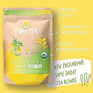 Kubo Tea, Organic High Energy Ice Tea, High Caffeine Blend, 20 Servings (155mg Caffeine each), Pillow Tea Bags, Kraft Packaging, Healthy Coffee Substitute (Half & Half Lemonade)