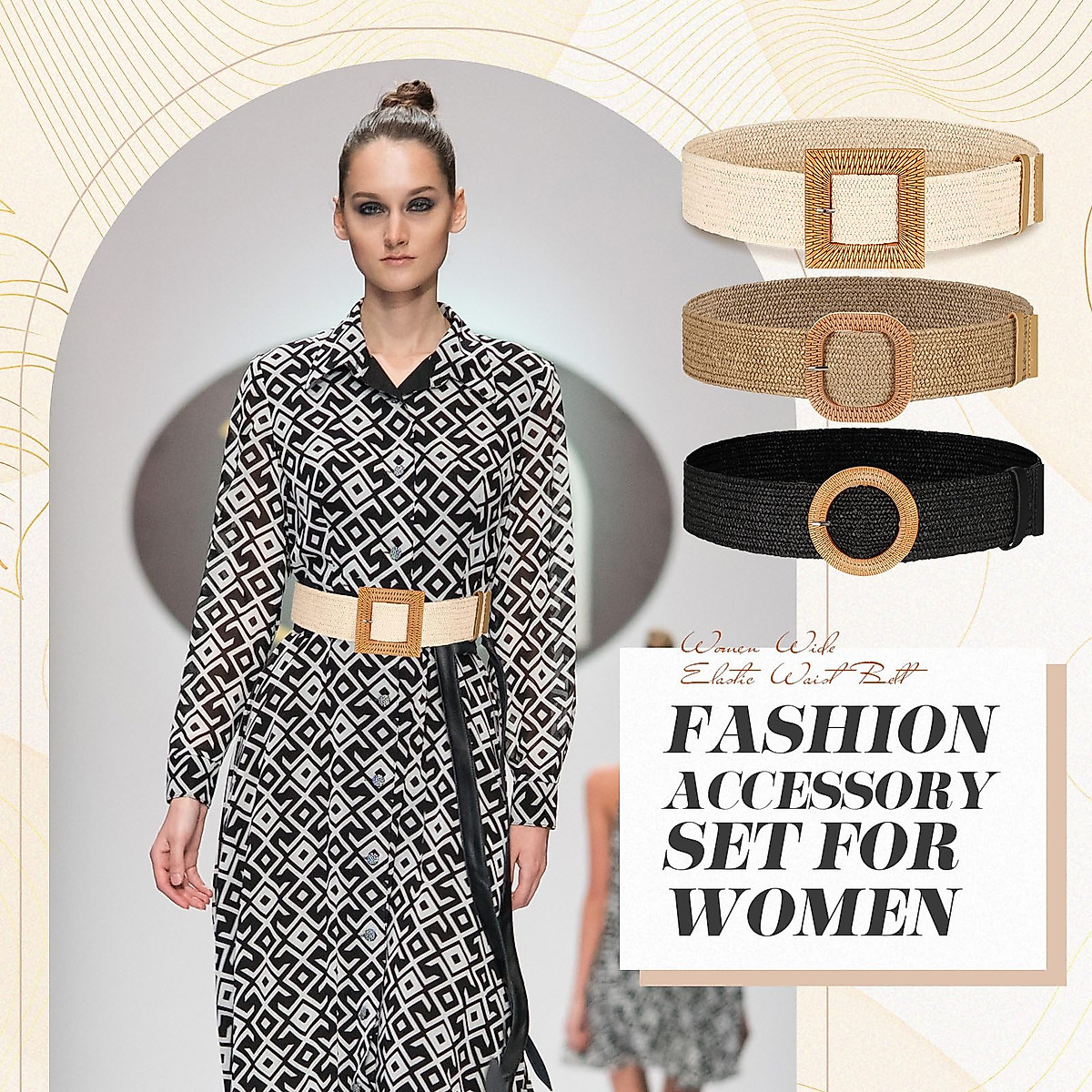 Syhood 3 Pieces Straw Woven Elastic Waist Belt for Women Bohemian Dress Braided Belt (Black, Khaki, Beige, Fit Waist Size Below 31'')