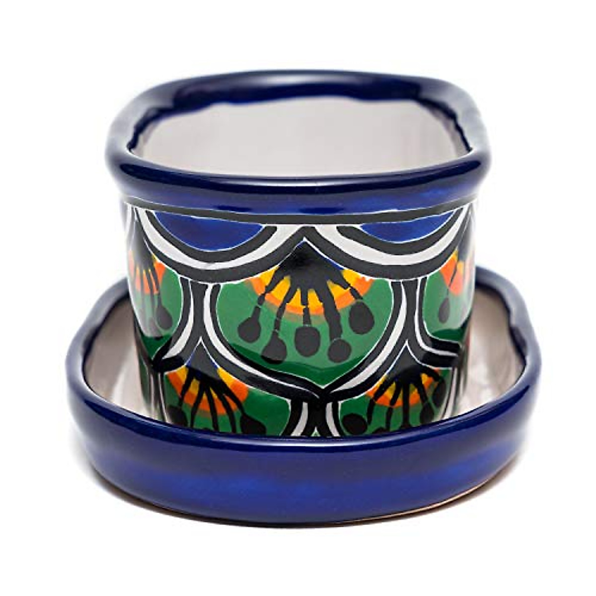 Enchanted Talavera Mexican Talavera Ceramic Succulent Pot Mini Flower Planter Cactus Bonsai Pot W/Drainage & Drip Dish Home Garden Office Desk Décor Gift Set (Peacock)