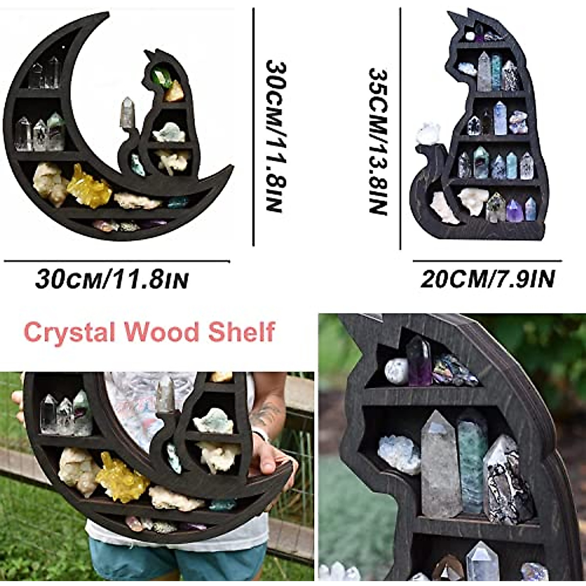 Neegaurd Cat on The Moon Crystal Wood Shelf, Wooden Crystal Display Shelf, Moon Shelf Black Cat Design Floating Moon Phases Shelf Gothic Witchy Room Decoration (Moon Cat)