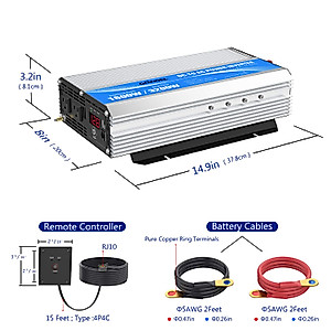 1600Watt Power Inverter Modified Wave DC 12volt to AC 120volt with Remote Control & LED Display and 2.4A USB Port for Trucks Boats RV & Emergency