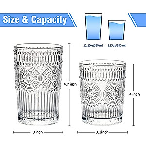 SAIURE Vintage Drinking Glasses, Hobnail/Embossed/Clear Glass Coffee Mugs Set of 8, 10 & 13 oz Thick Modern Kitchen Glassware Cup Set Unique Bubble Cocktails, Cappuccino, Latte, Great Gift