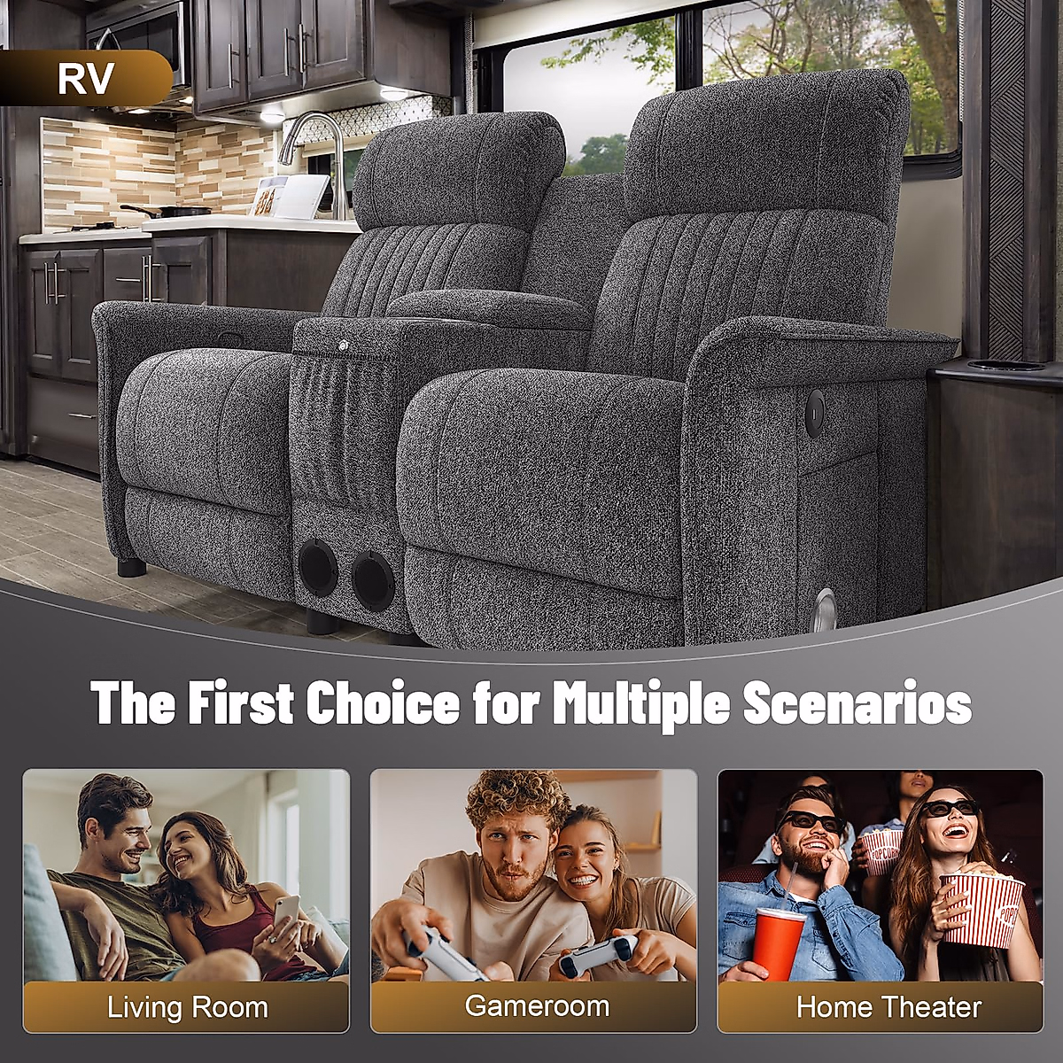 IROSTAE Loveseat Recliner Sofa with Console, RV Reclining Loveseat with Folding Side Table, Manual Love Seat Recliner Sofa with Bluetooth Speakers, Double Recliner Loveseat with USB Ports - Grey
