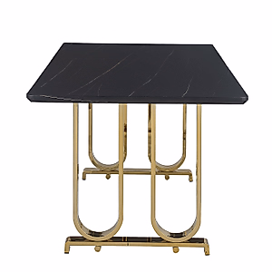 Pvillez 71" Modern Dining Table for 6-8 People, Rectangular Kitchen Table Black Faux Marble Top Dining Table with Polished Gold Metal Pedestal Base, Large Dinner Table for Dining Room Kitchen Office