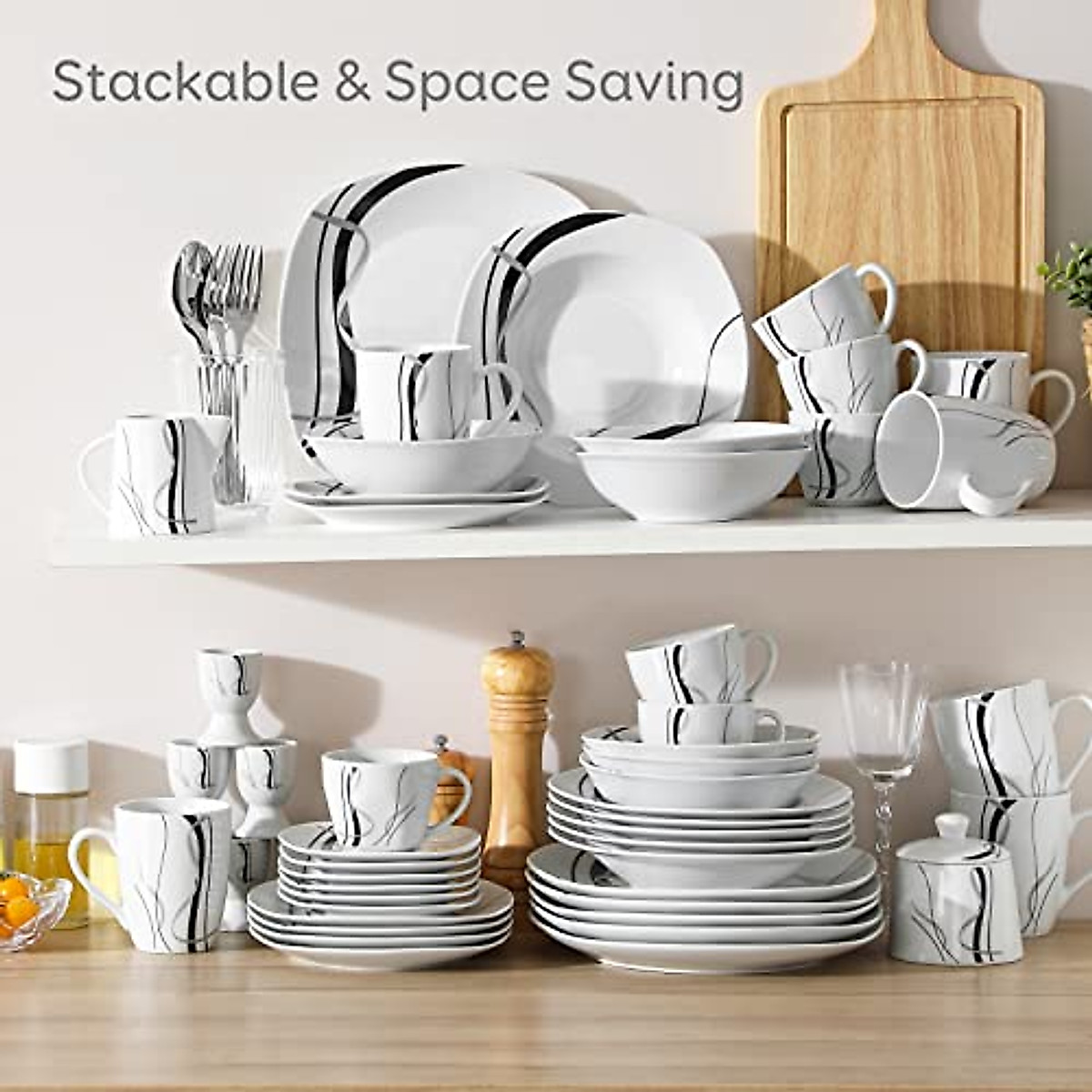 VEWEET, Series Fiona, Dinnerware Sets for 6, 50-Piece Porcelain Dish Set, Including Dinner Plates and Bowls, Mugs, Egg Cups, Cup and Saucer Set, Milk Jug Sugar Pot, Microwave Dishwasher Safe