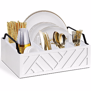 Paper Plate Dispenser, Paper Plate Holder for Kitchen Counter, Wood Rustic Silverware Utensil Caddy, Cutlery Flatware Organizer Box for Cups Spoons Forks Plates Napkins, Kitchen Accessories (White)