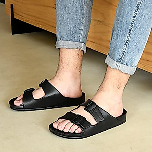 Temi Mens Slides Adjustable Slip on Sandals,Summer Beach Pool Shower EVA Sandals for Men,Double Buckle Lightweight Waterproof Comfy Bathroom Flat House Slippers for Men Size