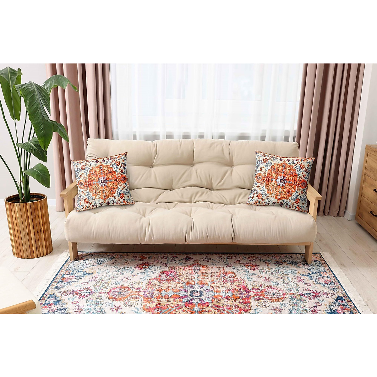 chiinvent Boho Pillows Covers 18x18 Inch Set of 2 Bohemian Vintage Rust Carpet Pattern Throw Pillows Orange Blue Ethnic Floral Decorative Cotton Linen Cushion Cases for Outdoor Couch Sofa Living Room