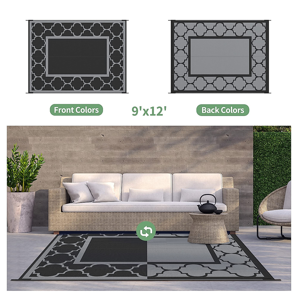 GENIMO 9' x 12' Outdoor Rug Waterproof for Patio Decor, Foldable Reversible Plastic Straw Area Rugs Mat for Camper, Outside Carpet for Rv, Deck, Porch, Picnic, Beach, Balcony, Black & Grey