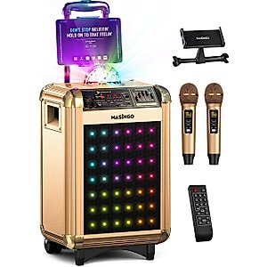 MASINGO Karaoke Machine for Adults and Kids with 2 Bluetooth Wireless Microphones. Portable Singing PA Speaker System with Disco Ball Party Lights, Lyrics Display Tablet Holder & TV Cable. Soprano X1