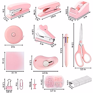 Pink Desk Accessory Kit Cute Office Supplies Set Desktop Stapler Set Includes Staple Remover Hole Punch Tape Dispenser Ballpoint Pen Scissor Mini Box Cutter Tape Measure Paper Clips Sticky Notes