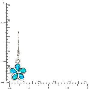 Sterling Silver Plumeria Flower Hook Earrings with Simulated Blue Opal (11 Millimeters)