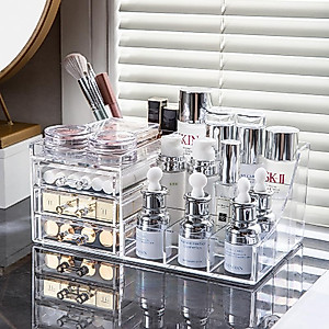 Cq acrylic 2 Pack Clear Make Up Organizers for Vanity,Stackable 5 Drawers Make Up Organizer,Cute Desk Organizer for Vanity Jewelry,Hair Clip,Beauty,Skincare Product Dresser Acrylic Drawer Organizer