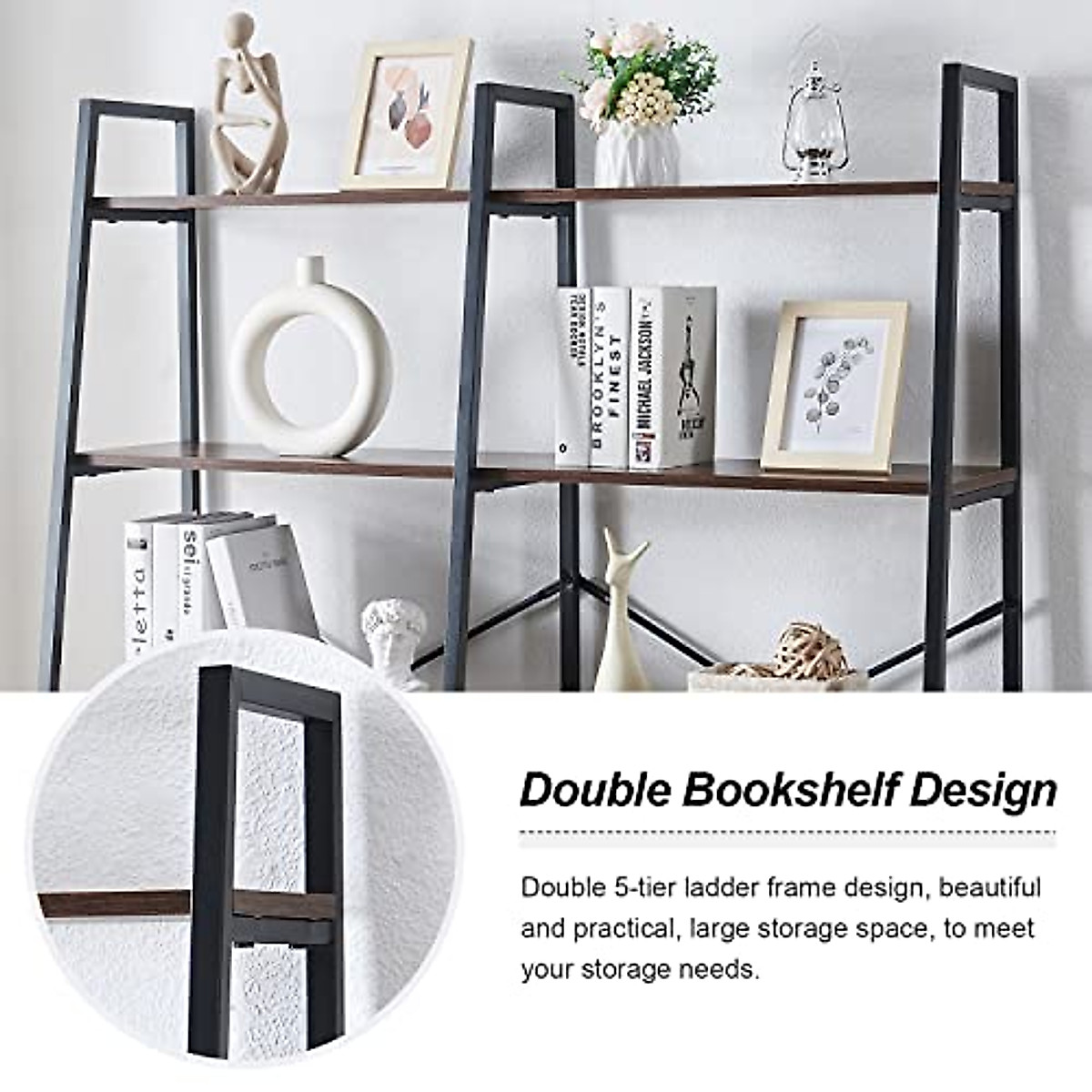HOMBAZAAR Bookshelf, 5-Tier Industrial Bookshelf, Wide Double Ladder Bookcase Wood and Metal Bookshelves for Home Office Living Room,Brown