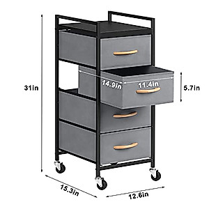 Drawer Dresser for Bedroom Fabric Storage Dresser with 4 Drawers Tower Tall Nightstand Chest of Drawers with Wood Top and Steel Frame Organizer Unit for Closet Living Room Hallway Entryway (Grey)