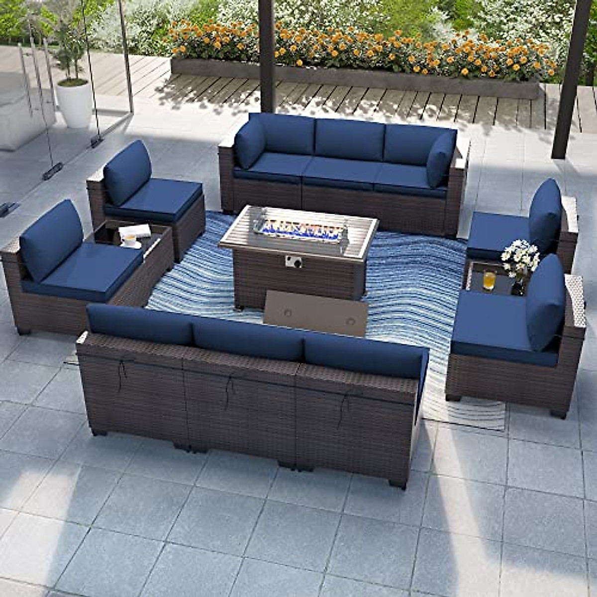 Delnavik Patio Furniture Set with Fire Pit Table 13 PCS Outdoor Sectional Furniture Outdoor Rattan Patio Conversation Sets with 43in 55,000 BTU Propane Gas Fire Pit Table Glass Table, Navy Blue