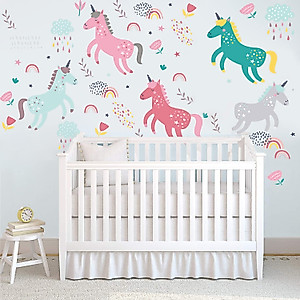 Unicorn Wall Sticker Decals,SPRT Colorful Watercolor Unicorn Wall Sticker Peel and Stick Wall Art Sticker for Kids Girls Room Nursery Bedroom Parties Decoration