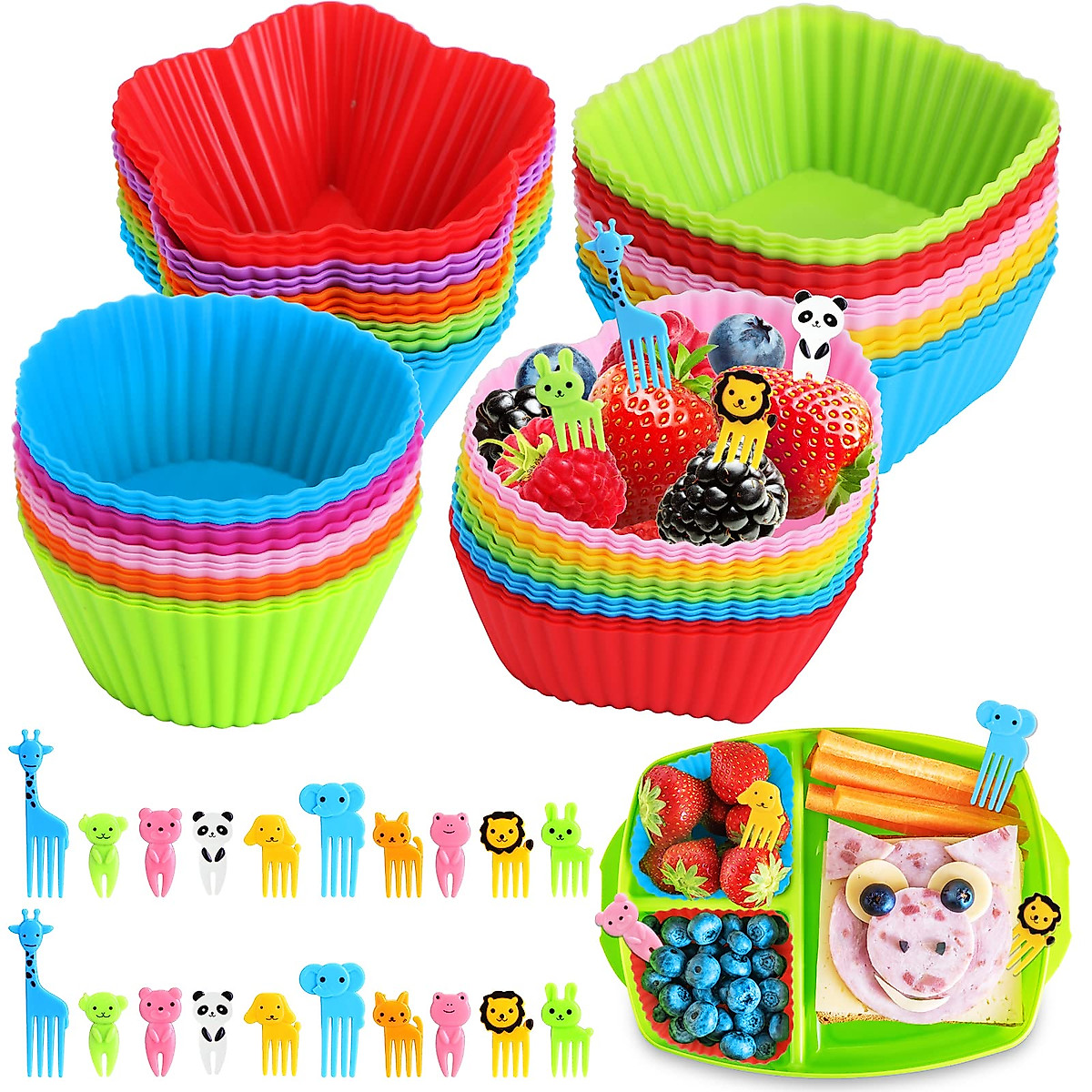 Piklodo 80Pcs Slicone Lunch Box Dividers, 60Pcs Silicone Dividers and 20Pcs Fruit Food Picks, Reusable Lunch Box Divider Inserts Multicolor Silicone Cupcake Liners Lunch Accessories