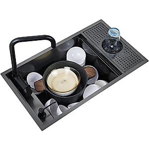 Bronstarz Nano Black 23 Inch Hidden Kitchen/Bar/Cafe/RV/balcony 304 Stainless Steel Sink with Foldable Faucet and Glass Rinser Set (23 * 12.6 * 8.3 INCH), Large, Bar1-5832-Black