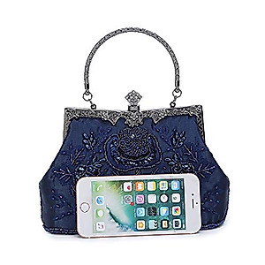 KISSCHIC Women's Handbag Vintage Rose Embroidered Beaded Sequin Evening Bag Wedding Party Clutch Purse (Navy Blue)