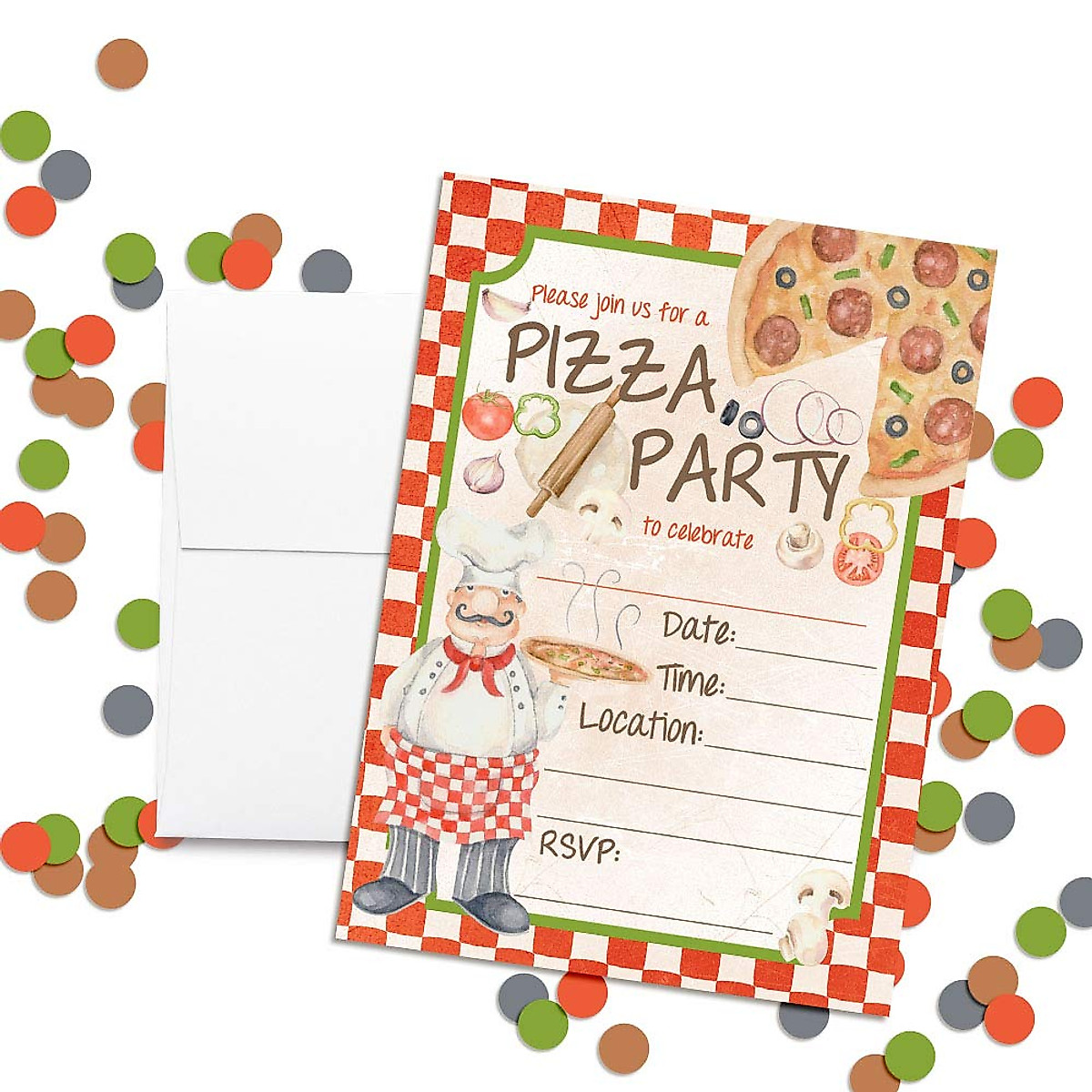 Watercolor Chef Pizza Party Themed Birthday Party Invitations for Kids, 20 5x7 Fill In Cards with Twenty White Envelopes by AmandaCreation