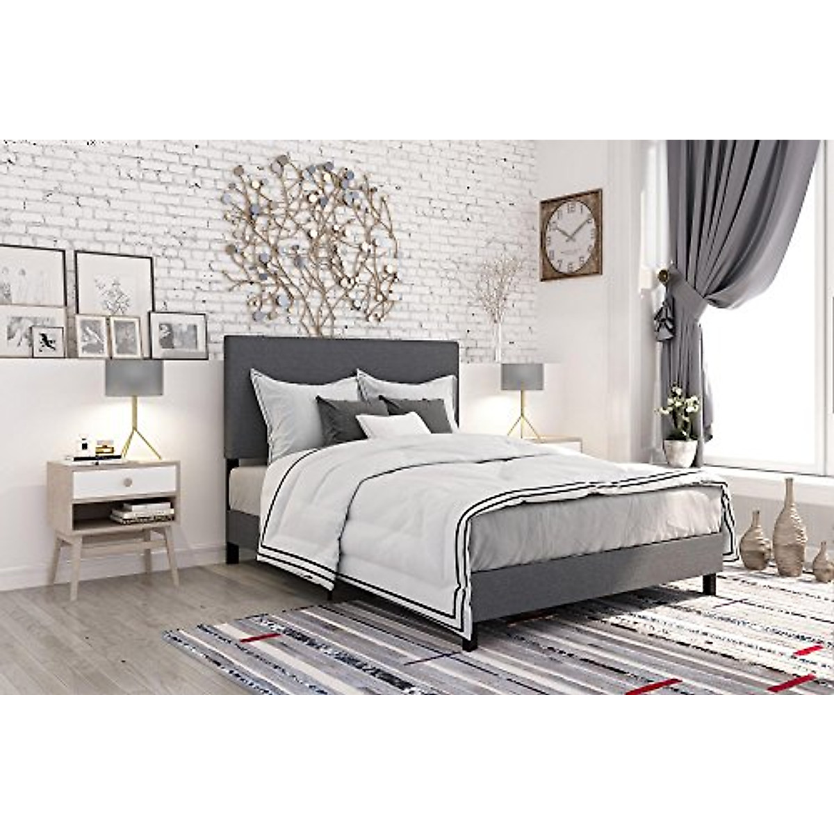 DHP Janford Upholstered Platform Bed with Modern Vertical Stitching on Rectangular Headboard, Queen, Gray Linen