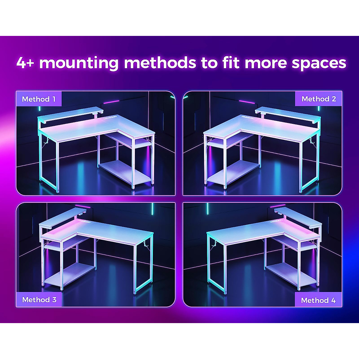 MOTPK White L Shaped Gaming Desk with Power Outlet, Reversible Computer Desk with Height Adjustable Monitor Stand, Coner Desk 43inch with LED Lights, Home Office Desk