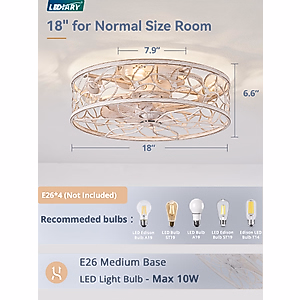 LEDIARY Caged Ceiling Fans with Lights, White Flush Mount Ceiling Fan with Remote, Small Low Profile Bladeless Ceiling Fan Light Fixture for Bedroom, Kitchen, Dining Room-White Gold Color