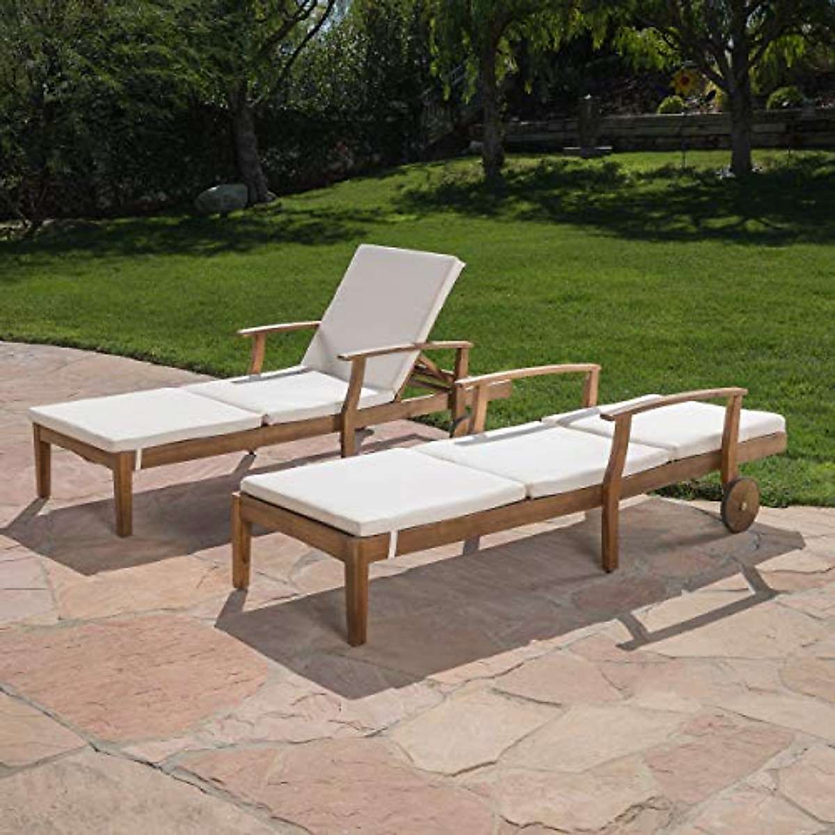 Great Deal Furniture Daisy Outdoor Teak Finish Chaise Lounge with Cream Water Resistant Cushion (Set of 2)