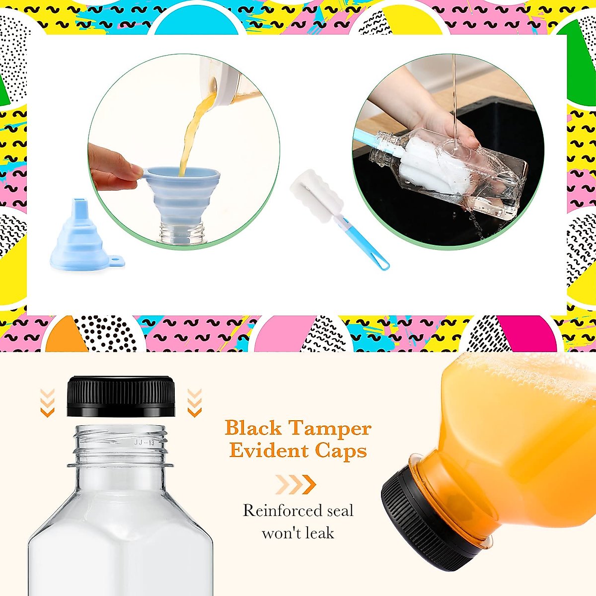 Skylety 200 Pcs Plastic Juice Bottles with Lids, Empty Clear Juice Bottles with Caps and Label, Juice Storage for Fridge with 2 Pcs Funnel and 2 Pcs Brush Beverage Containers for Juicing Milk (16 oz)