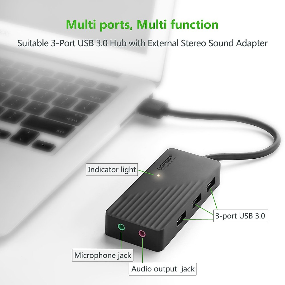 UGREEN USB 3.0 Hub 3 Ports USB Sound Card 2 in 1 External Stereo Audio Adapter 3.5mm with Headphone and Microphone 5Gbps High Speed for Mac OS Windows Linux iMac MacBook Mac Mini PCs Tablets