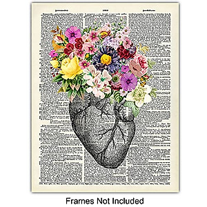 Heart Anatomy Wall Art Decor Set - Vintage Rustic Shabby Chic Floral Home Decorations for Cardiac, Coronary, Cardiology Patients, Medical Office - Gift for Doctor, Nurse Cardiologist - 8x10's UNFRAMED